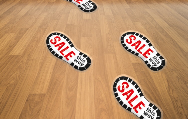 298mm x 138mm Sale This Way Shoe Print Indoor Floor Stickers / Graphics
